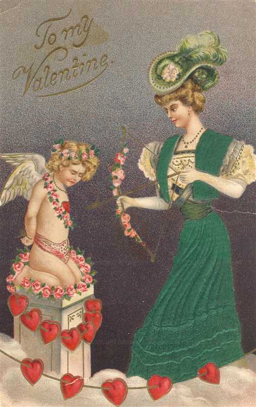 vl422-Valentine Edwardian Lady & Cupid Silk | 絵葉書資料館